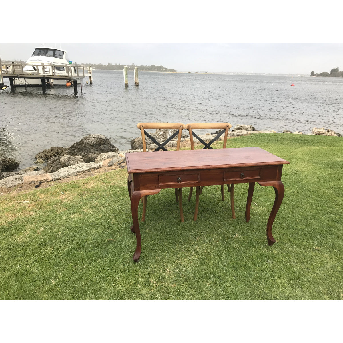 Brown wooden signing table – Rosy Events Hire